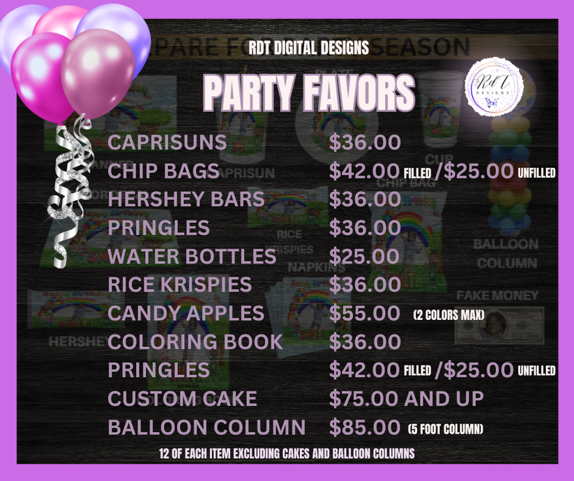 Party Favors Pricing List Template – RT Digital Designz